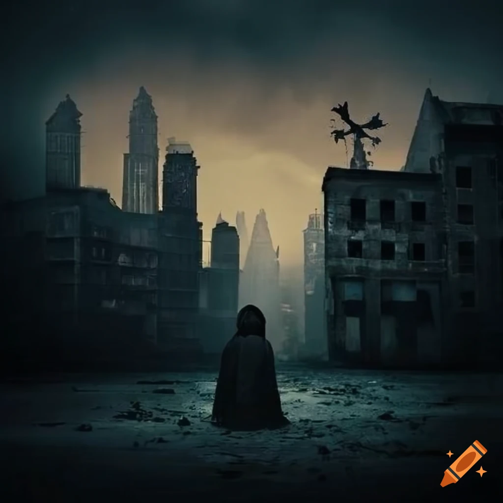 Desolate city with mysterious figure on Craiyon