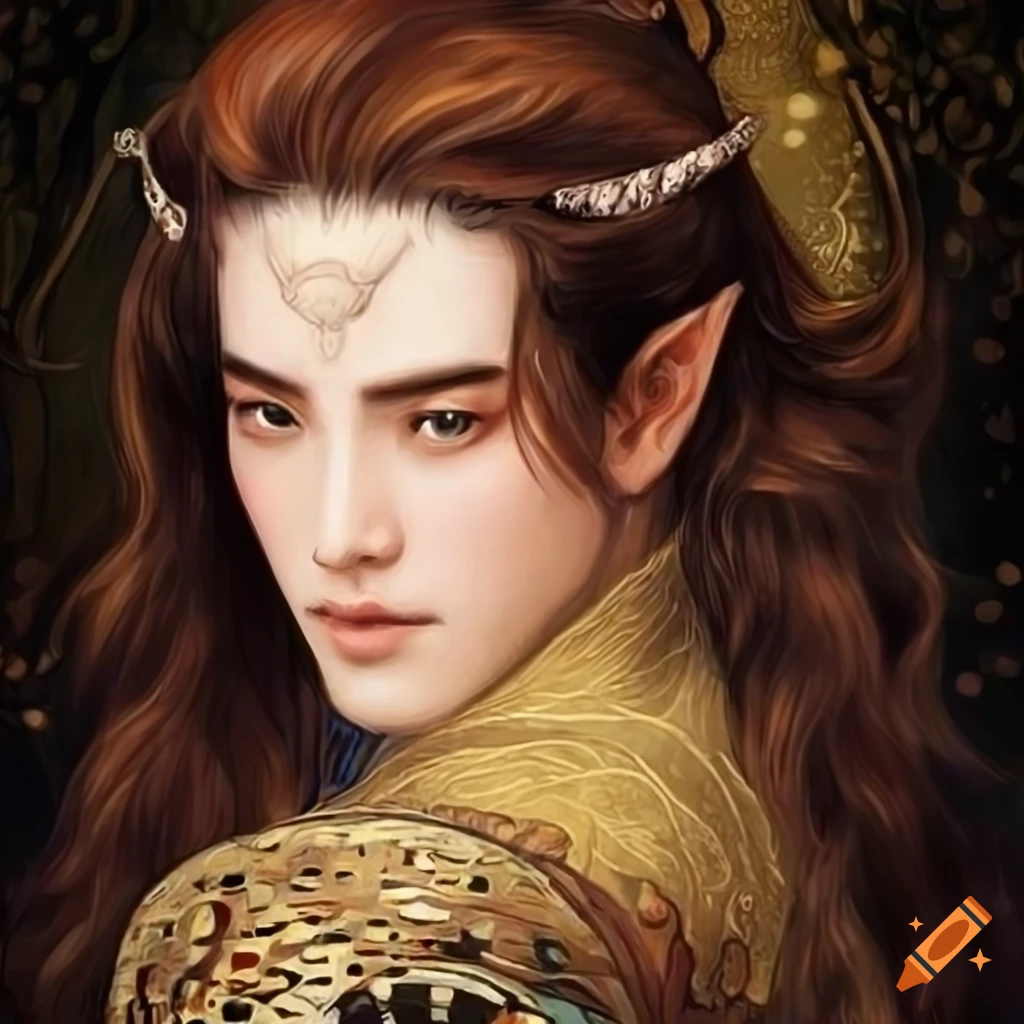 Gustav Klimt inspired poster of an attractive young male elven Asian ...