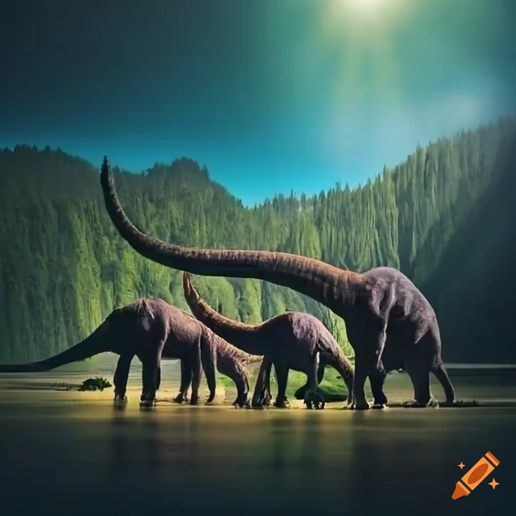Group of diplodocus walking along the coast with forested cliffs in ...