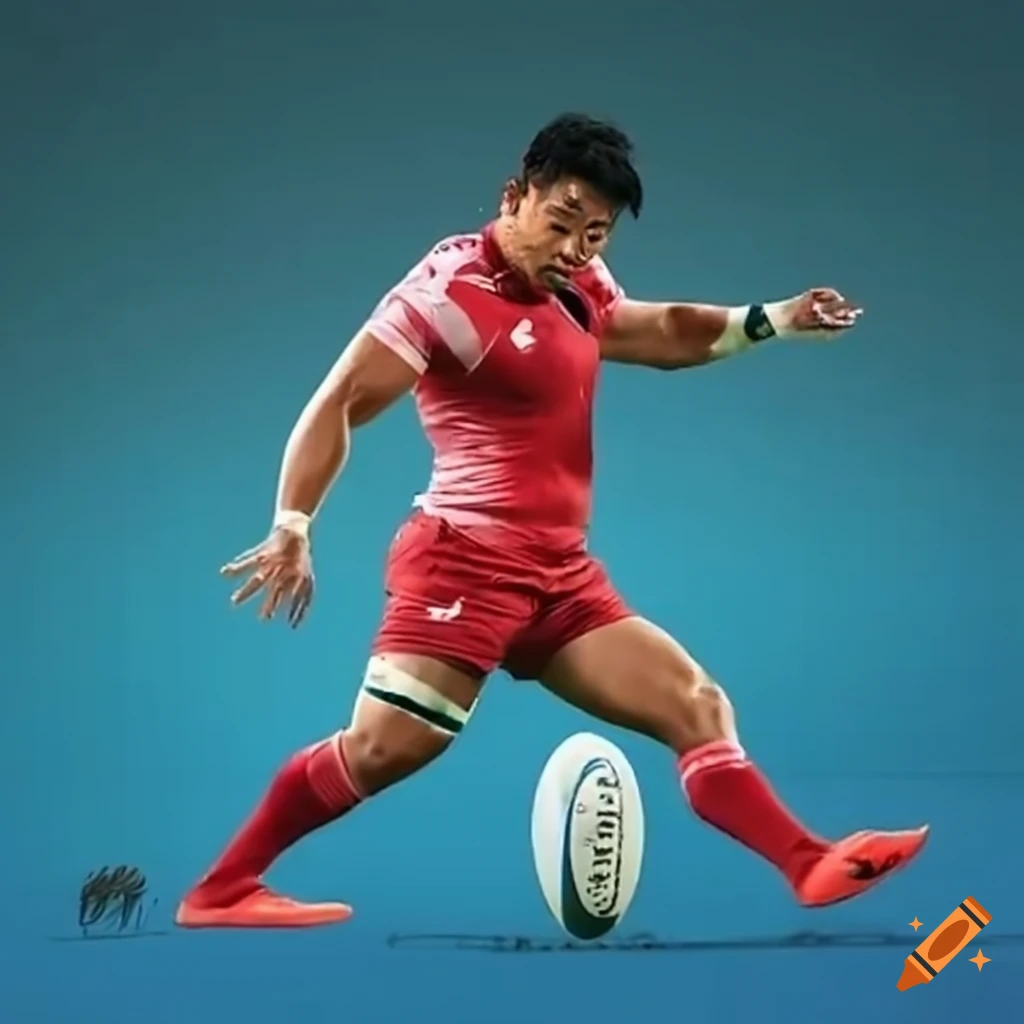 Olympic rugby player nathan hirayama kicking a ball on Craiyon