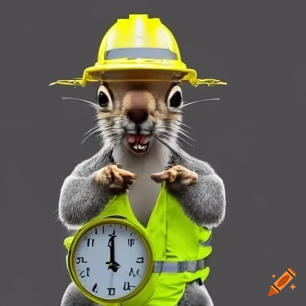 Squirrel in hard hat and reflective vest pointing at a clock on Craiyon