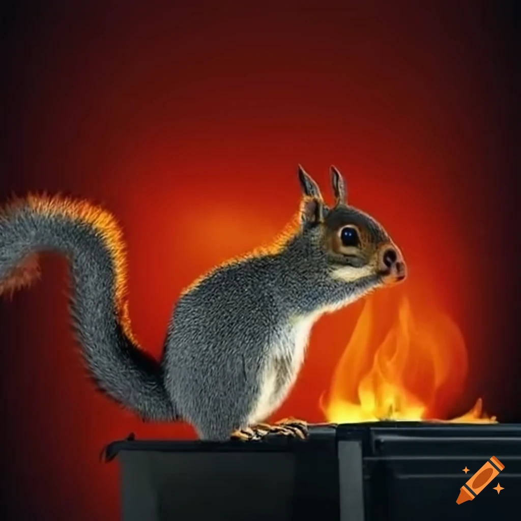Pixelated squirrel shadow warming paws on a dumpster with a fire on Craiyon