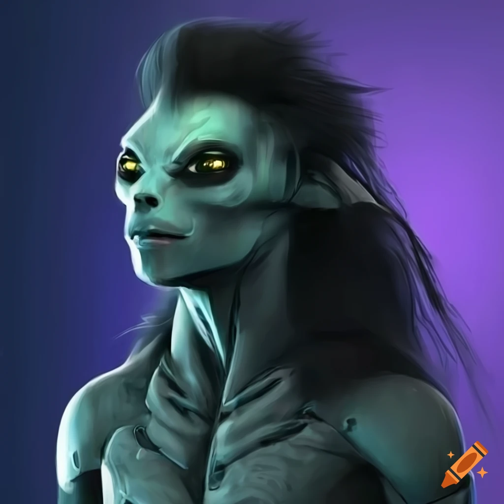 Futuristic male alien with long hair in a jumpsuit on Craiyon