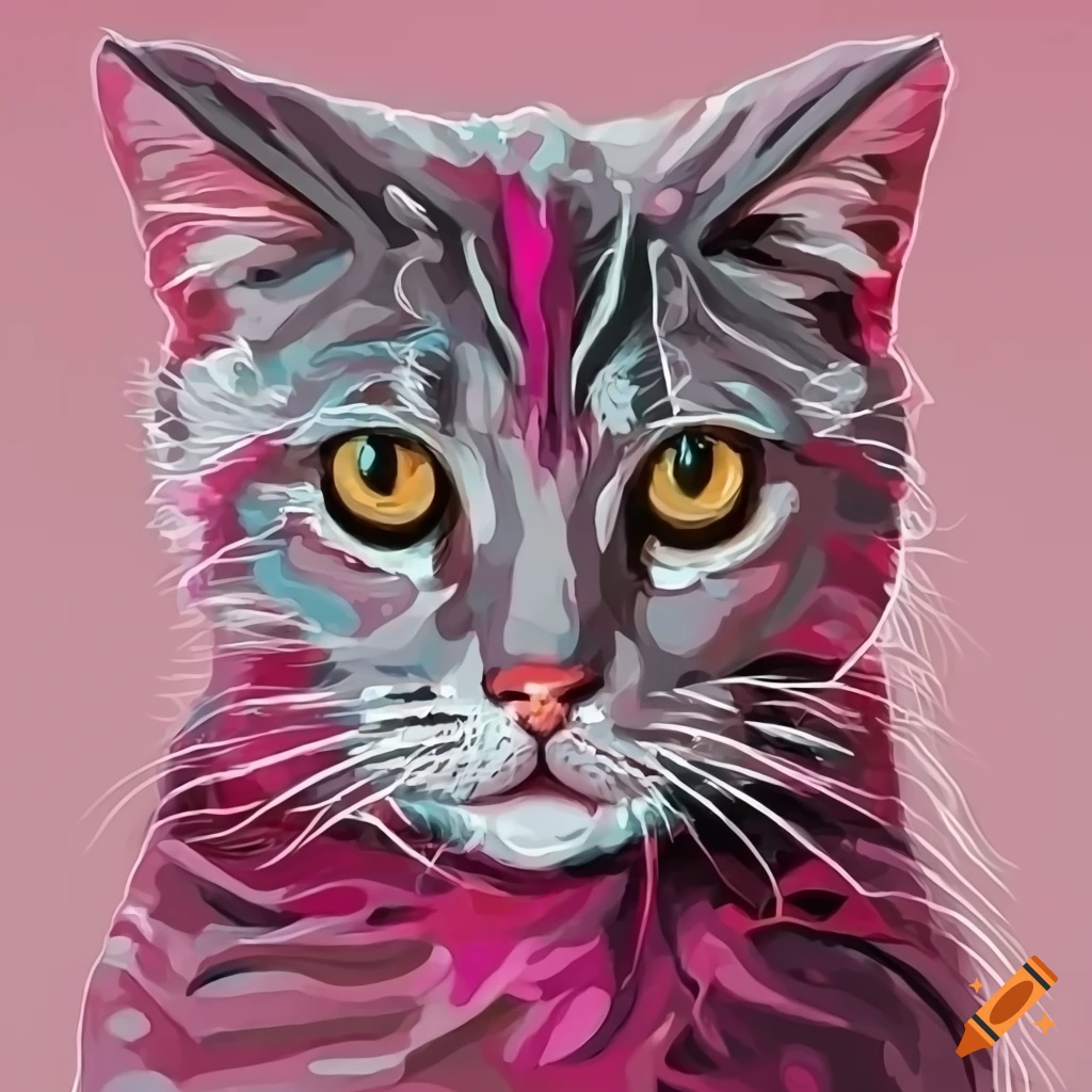 Portrait of a pretty gray cat with red and pink accents on Craiyon