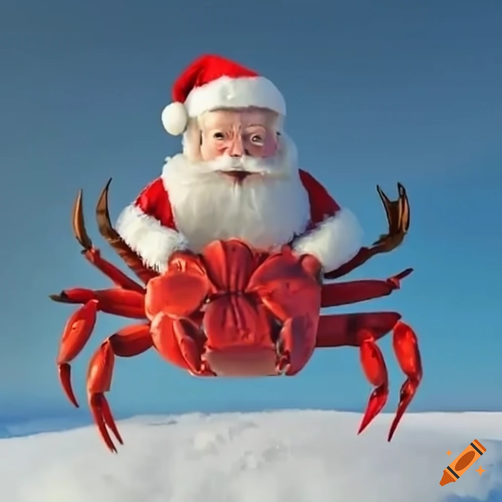 Santa flying on a giant crab delivering gifts in a snowy christmas ...