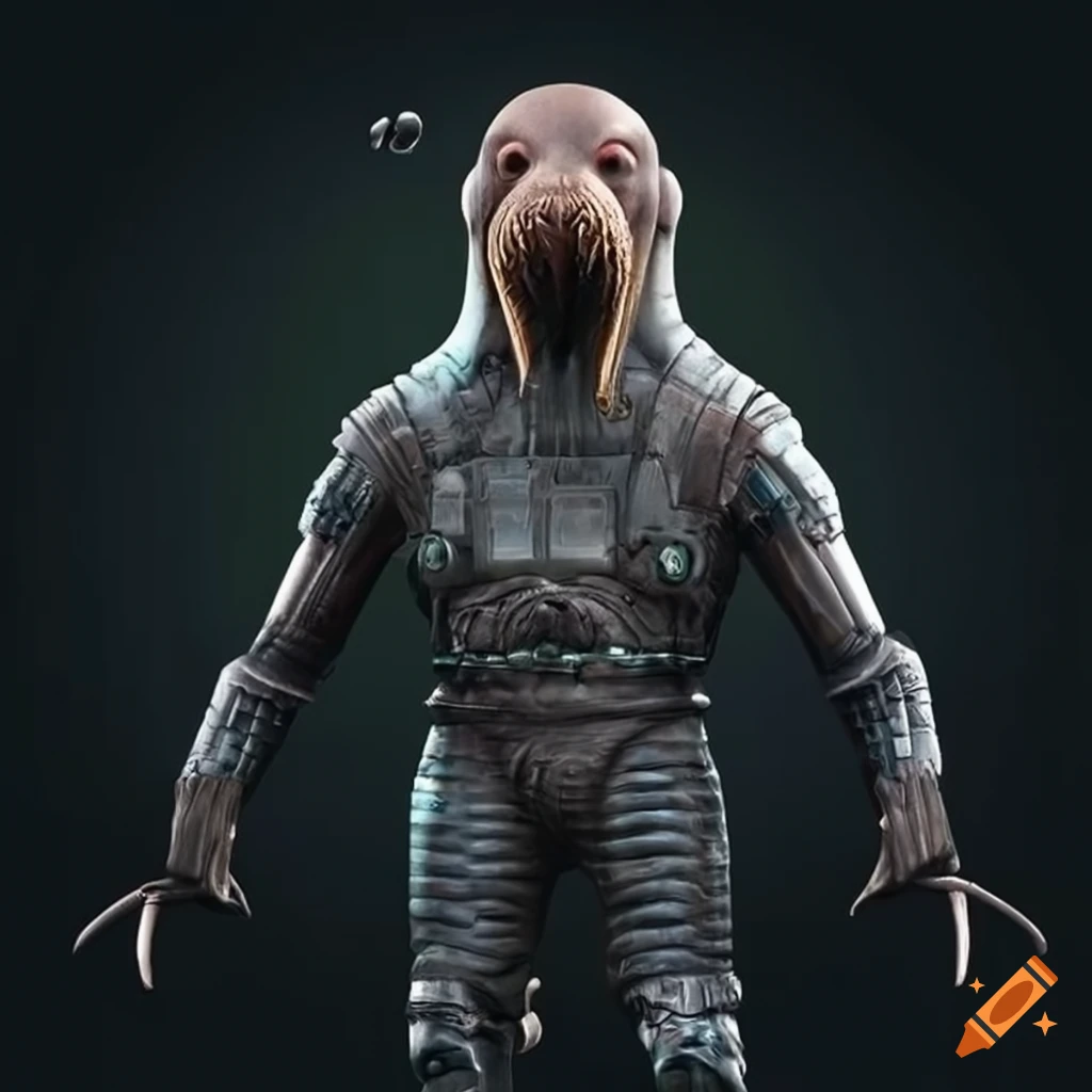 Walrus monster humanoid in futuristic pilot jumpsuit with pipes on Craiyon