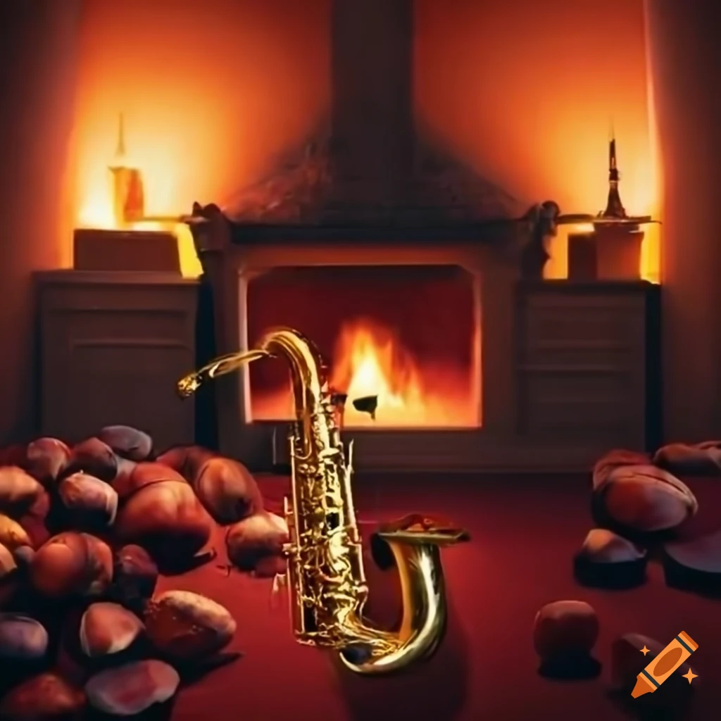 Musician playing saxophone by a warm fireplace with autumnal chestnuts ...