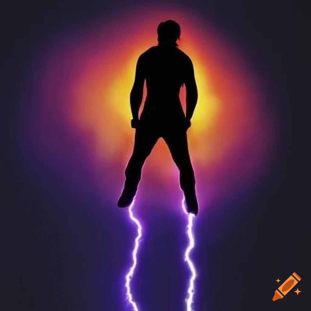 Silhouette of a man struck by lightning with vivid colors on Craiyon