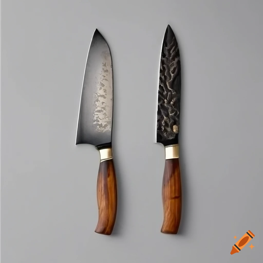 Santoku kitchen knife with black etched blade and camelthorn wooden ...