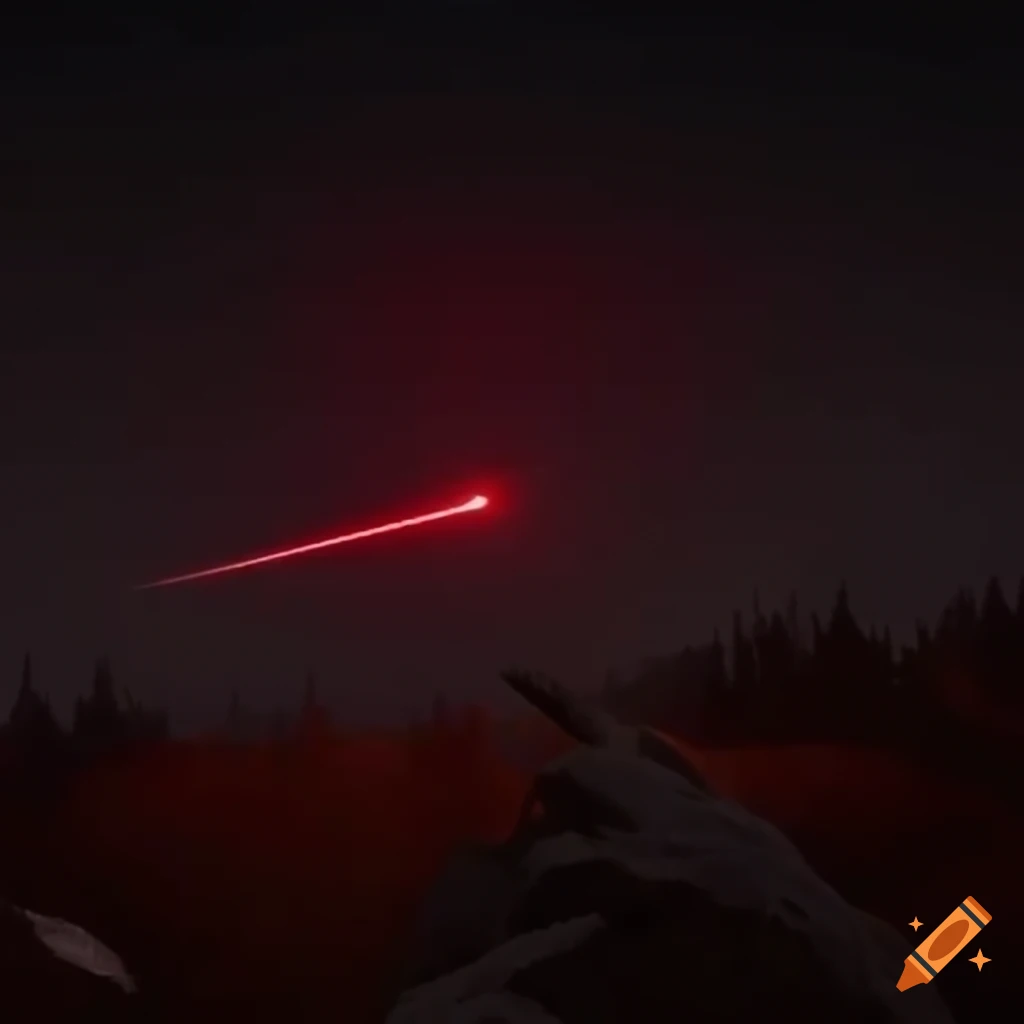 Red-white laser magic projectile flying over grass under the night sky ...