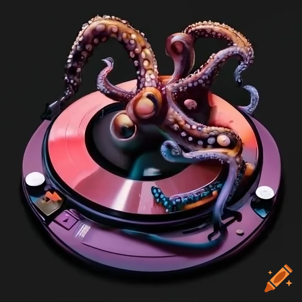 Octopus dj playing a turntable with special effects on Craiyon