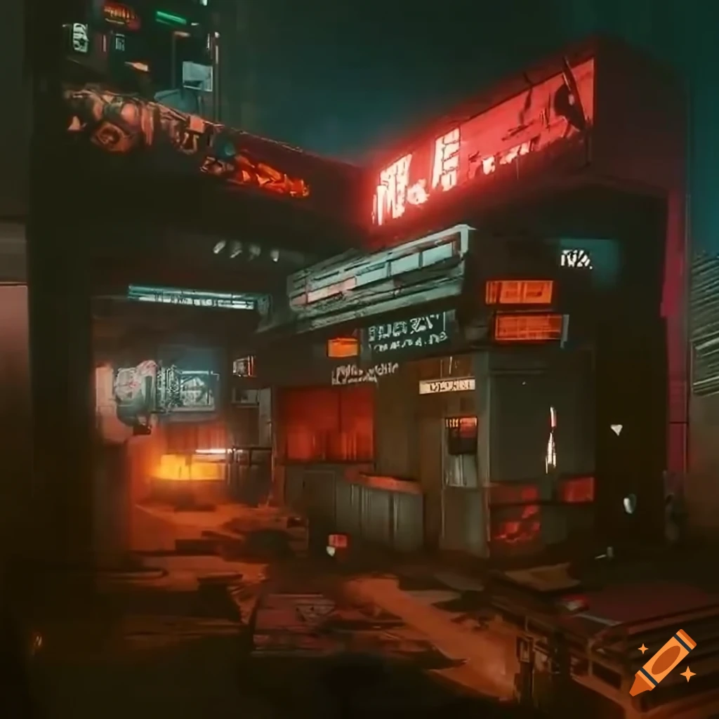 Cyberpunk 2077 enemy scavenger's lair in a dark alley on Craiyon