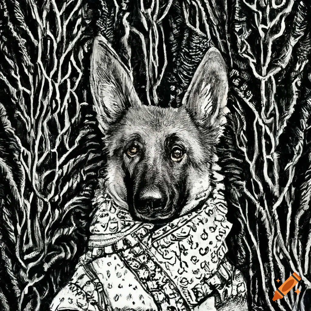 German shepherd in Victorian attire illustration by Edward Gorey on Craiyon