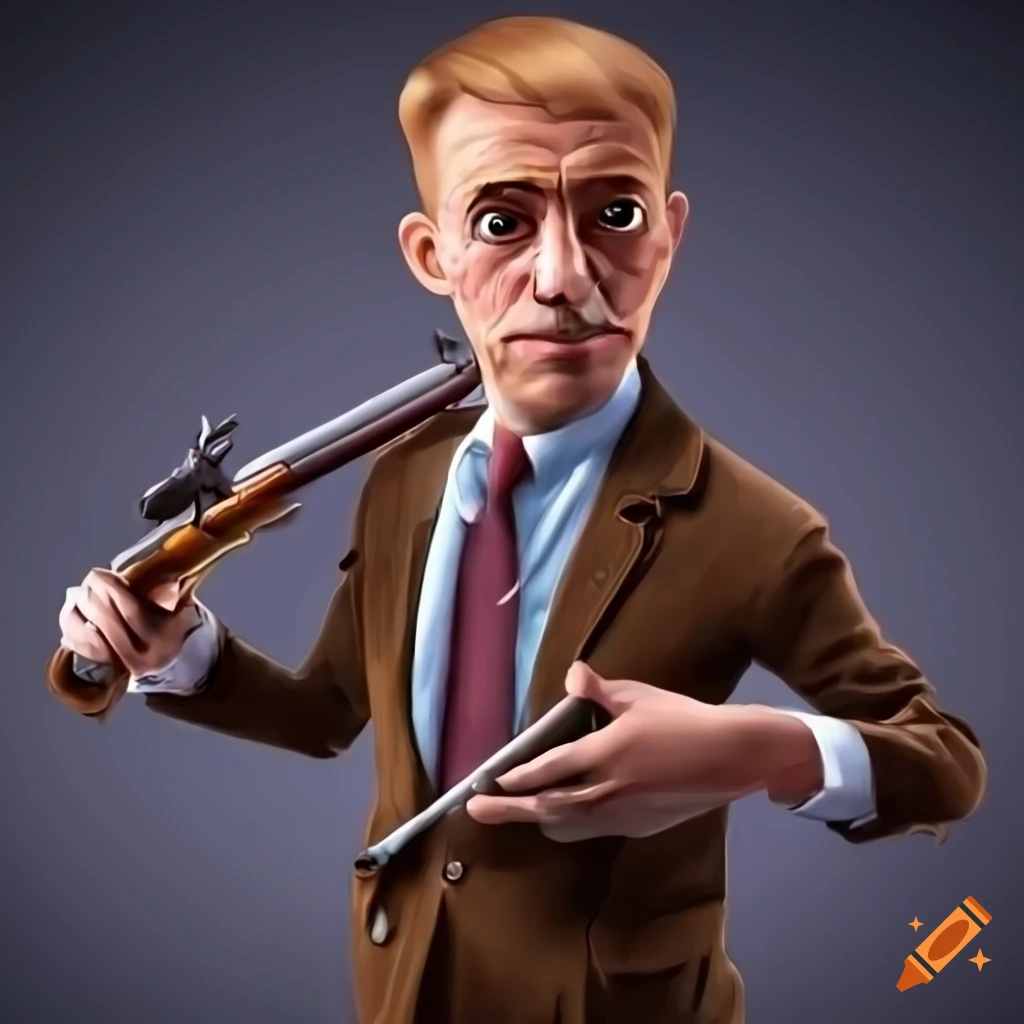 Cartoon man in fancy suit with flintlock pistol in a big house on Craiyon