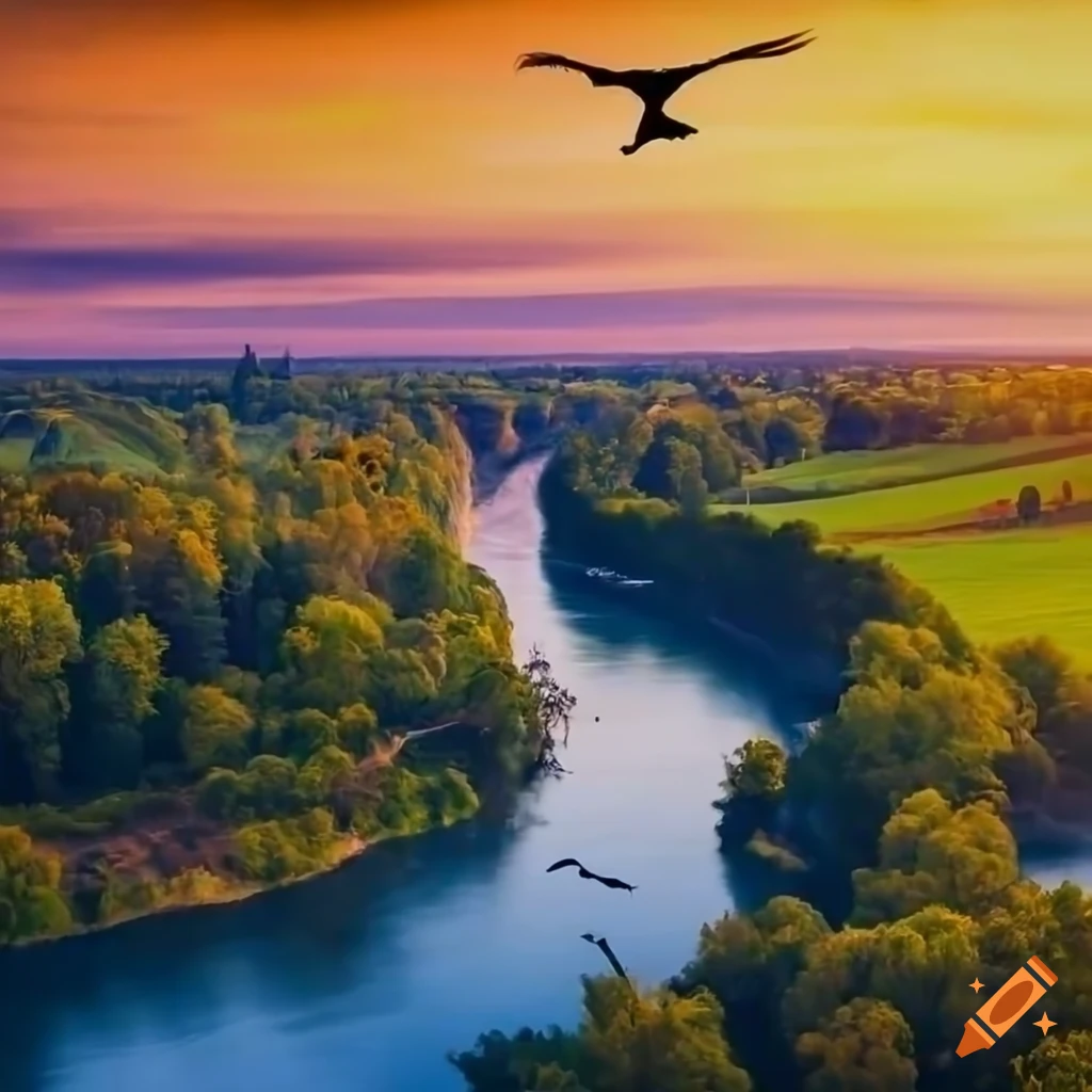 Serene sunrise scene of river flowing through old village with flying ...