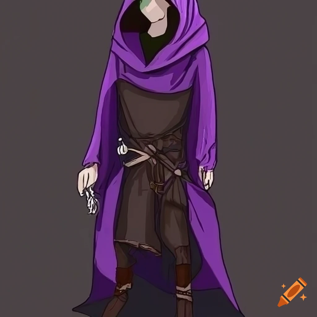 Hooded d&d rogue wearing purple and black clothes with blurry face in a ...