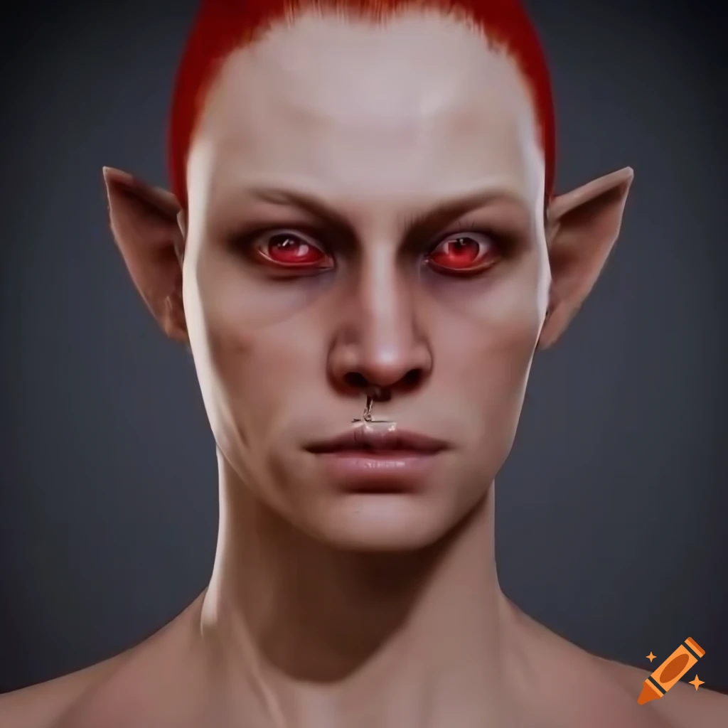 Portrait of pale white-skinned, red-haired sci-fi elf man with golden ...