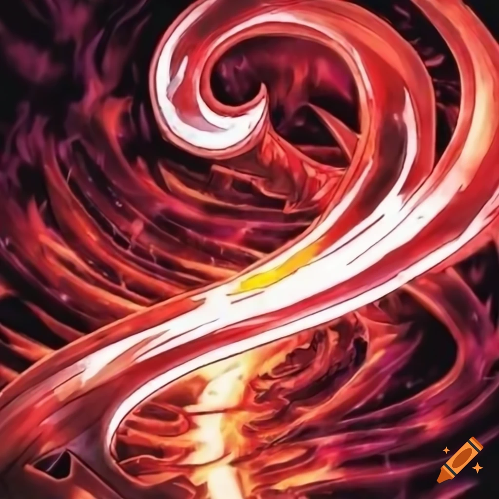 Yugioh card art depicting a rising wall of vermillion red flame with white energy swirls on Craiyon