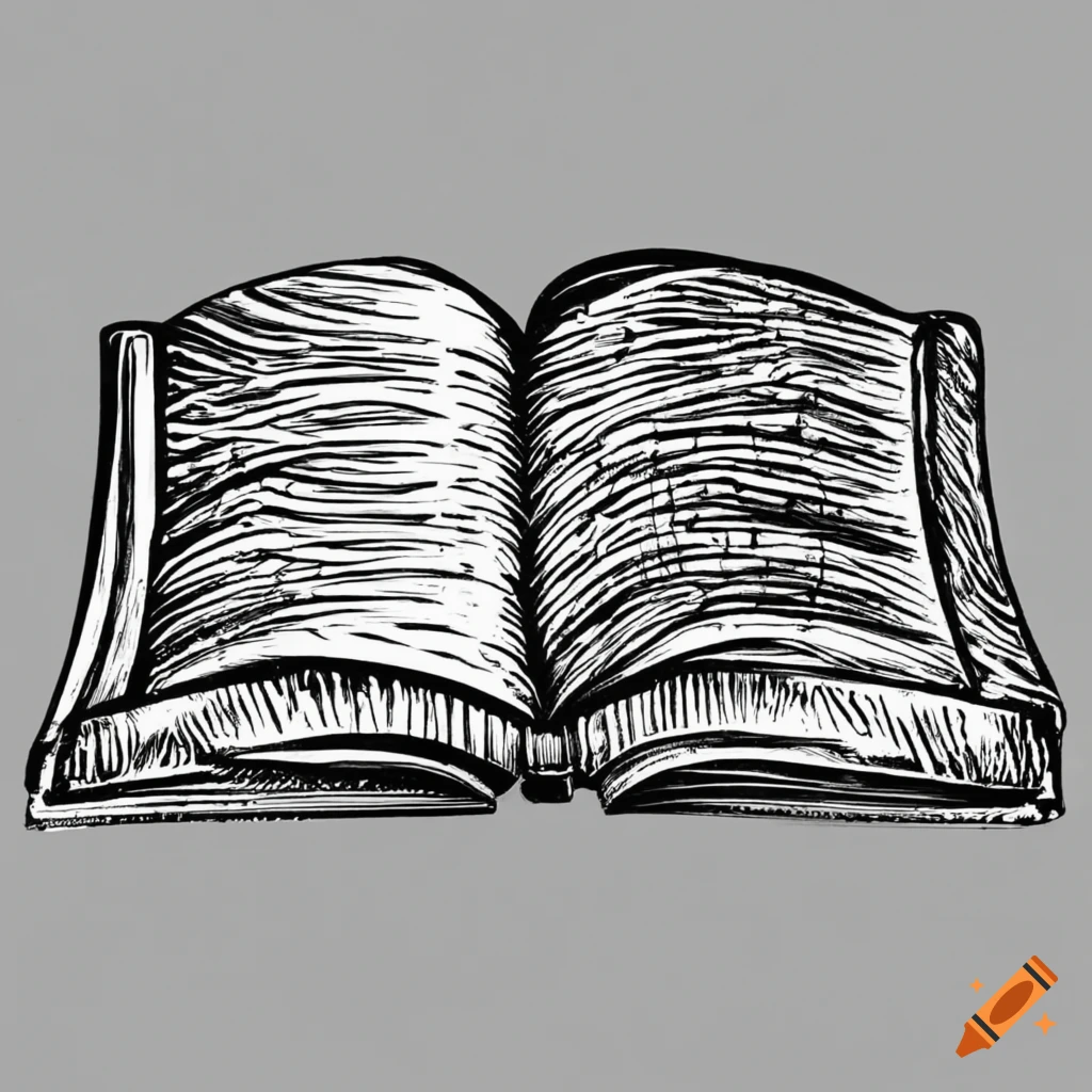 Engraving style drawing of an open book on Craiyon