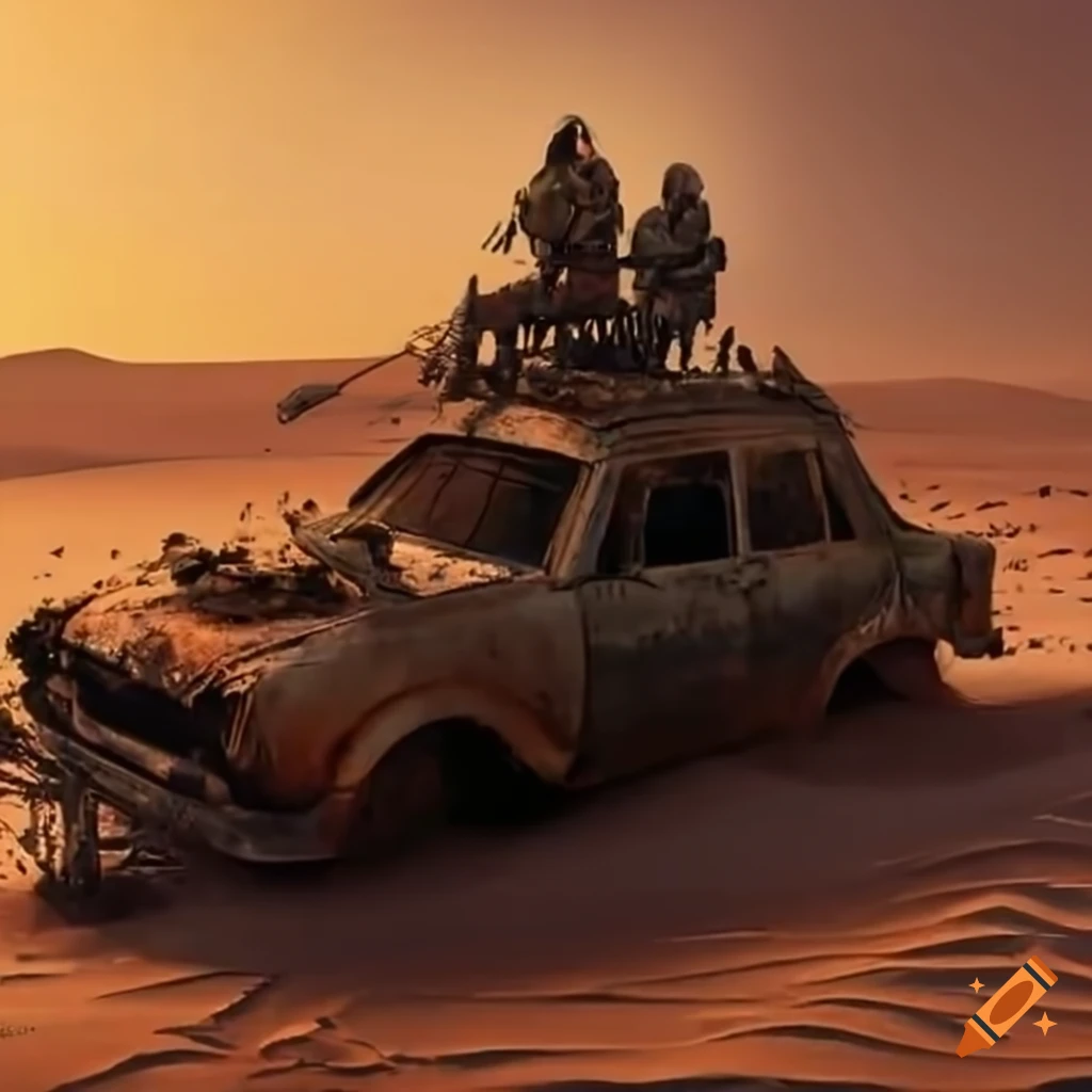 Post-apocalyptic legionaries driving a ruined car in the desert on Craiyon