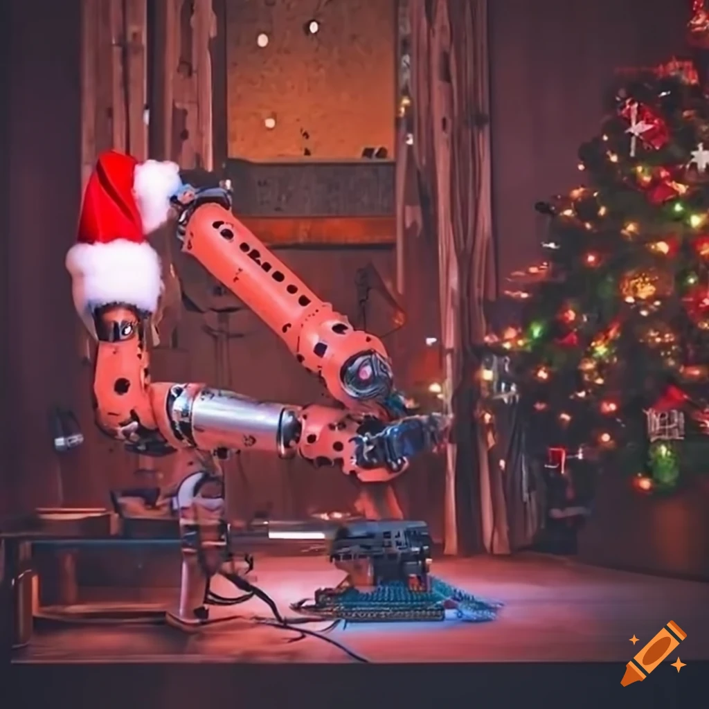 Industrial robot arm with red Santa hat welding Christmas holographic ...