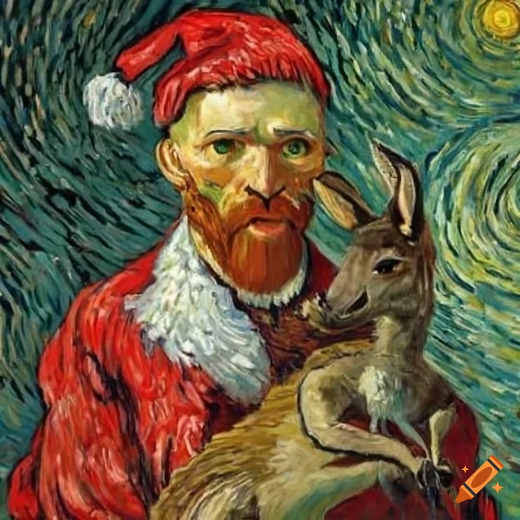 Santa claus with kangaroo in an oil painting by van gogh on Craiyon
