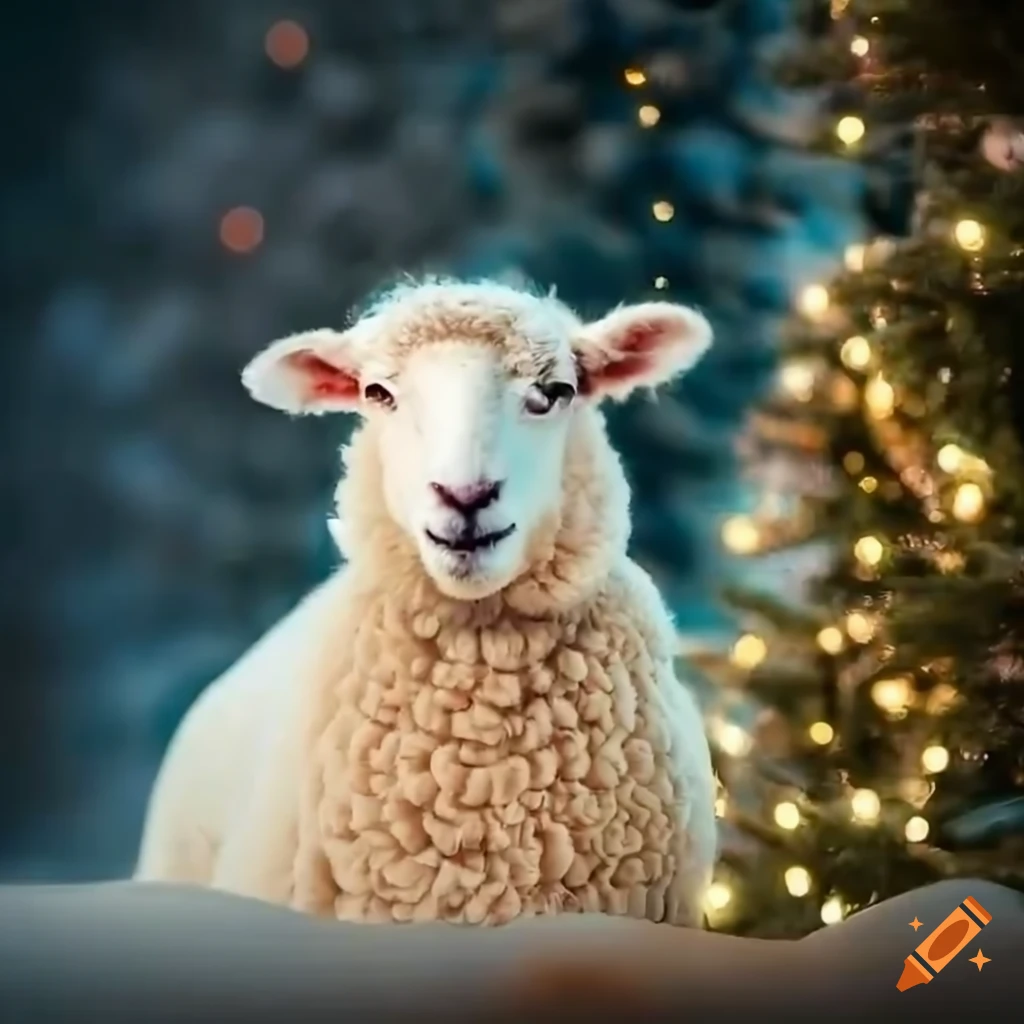 Fluffy white sheep in front of a decorated christmas tree on Craiyon