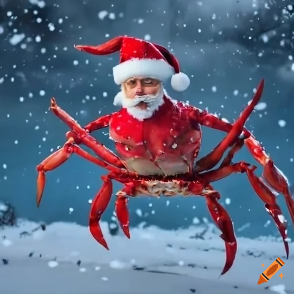 Santa eating a giant flying red crab in the snow on christmas on Craiyon