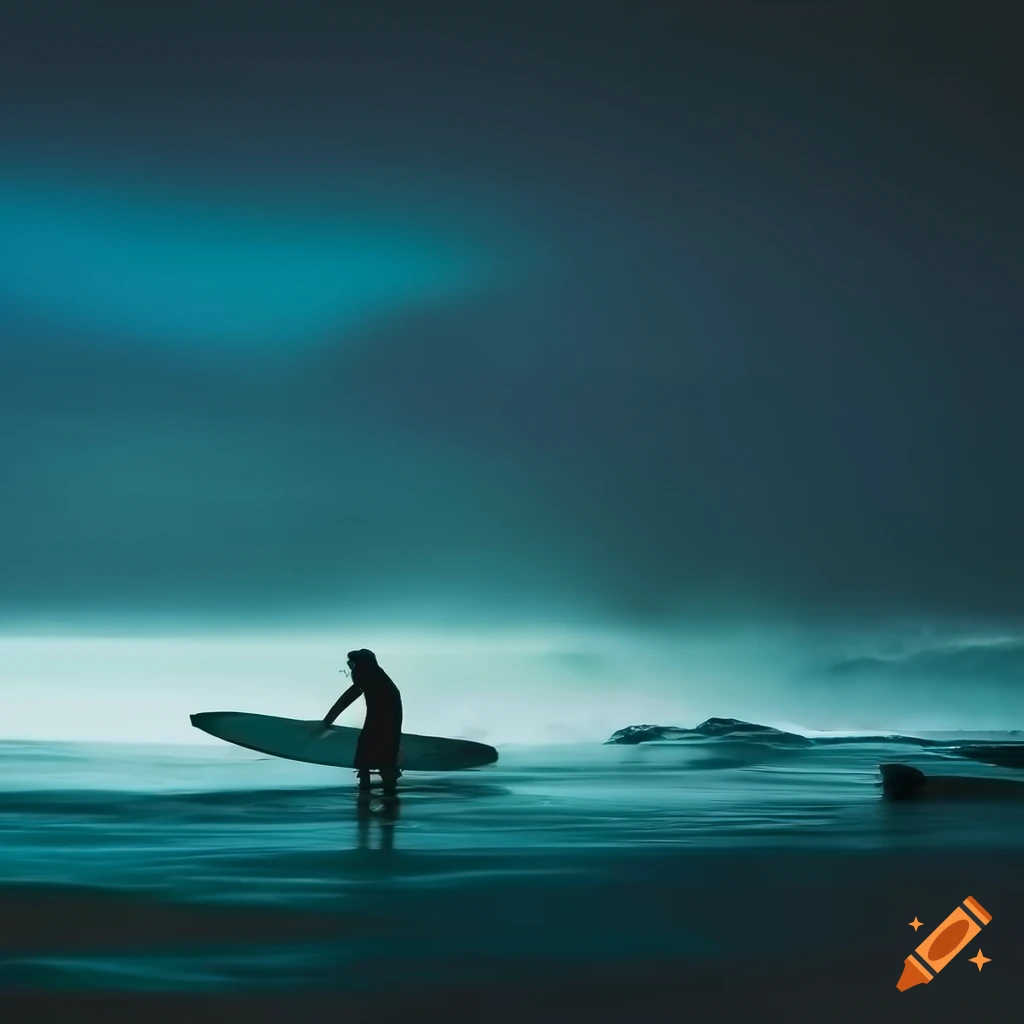 Surfers riding a wave under dramatic stormy night sky on Craiyon