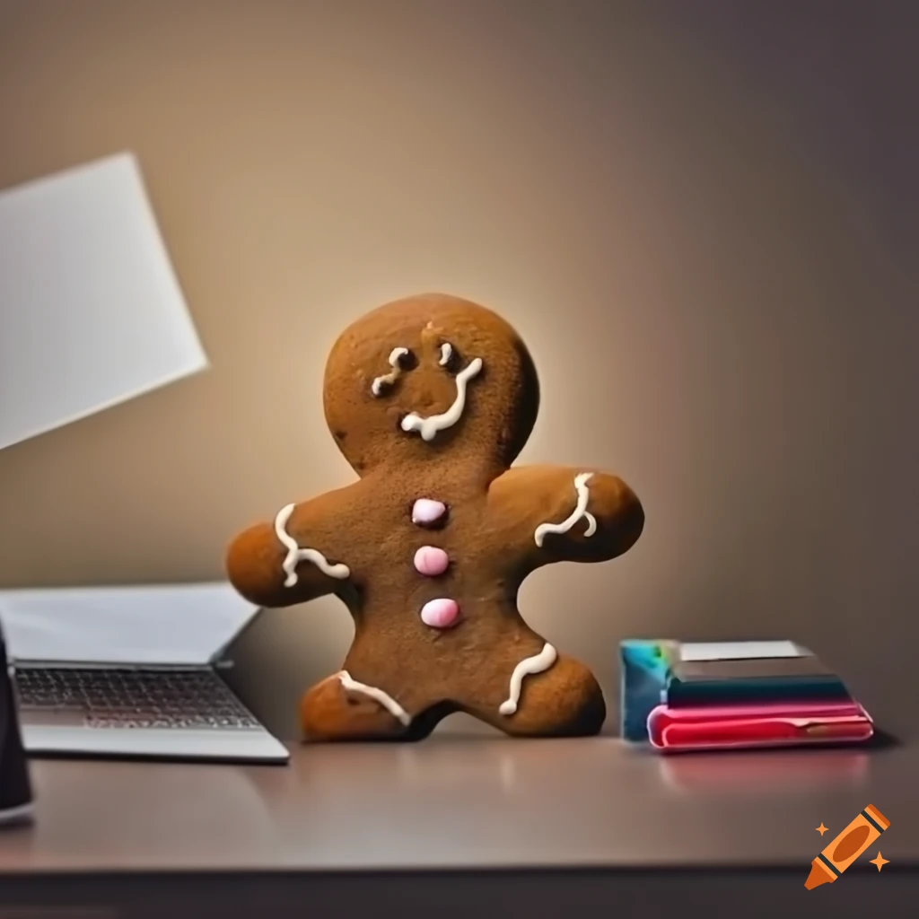 Gingerbread man in a professional suit working at a desk on Craiyon
