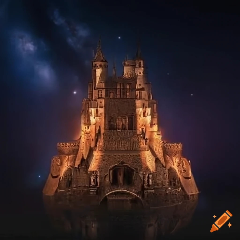 Three castles aligned in a straight line between galaxies on Craiyon