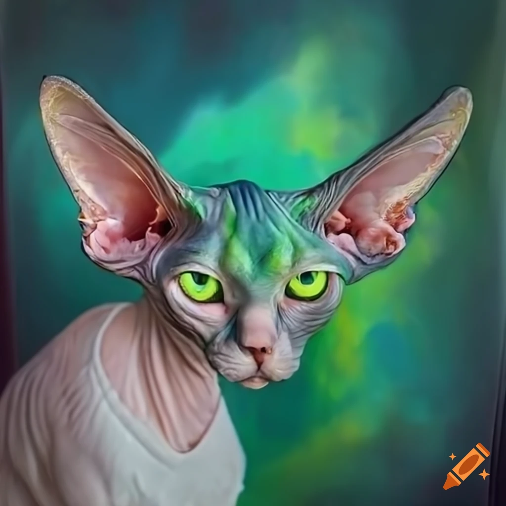 Intricately detailed portrait of a Sphynx cat with a humanoid visage on ...