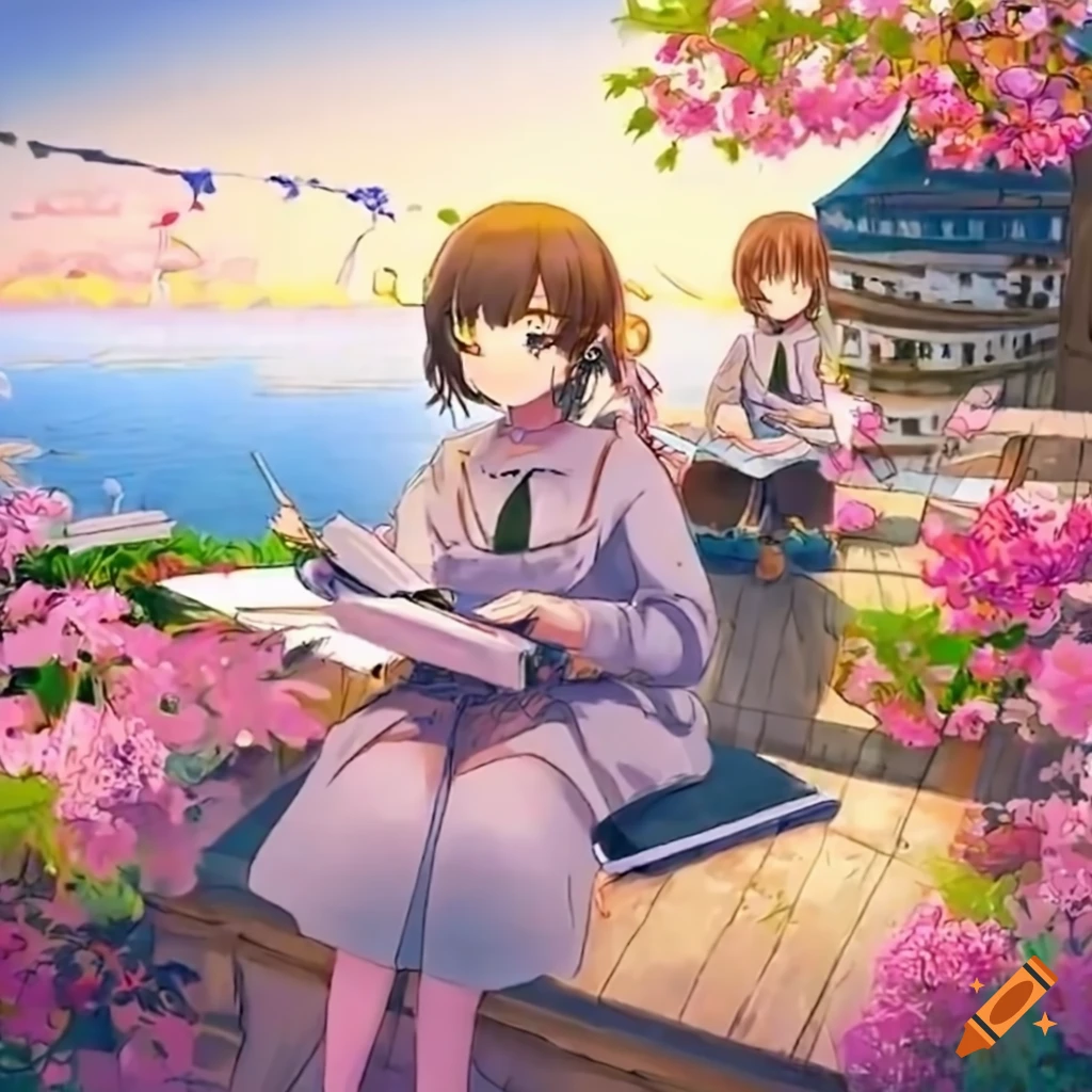 Group of anime girls studying at a flowering terrace with harbor view ...