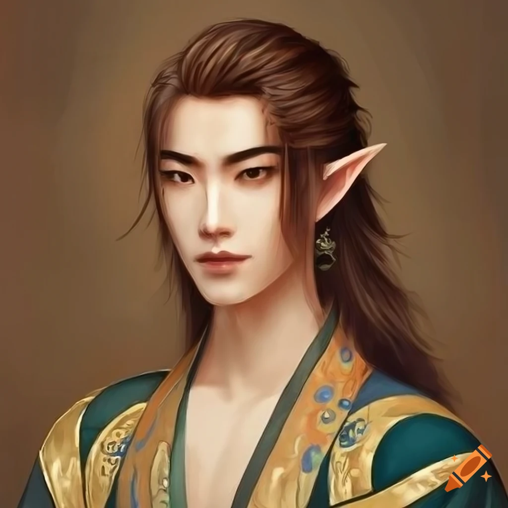 Gustav Klimt inspired poster of a young male elven Asian prince with ...