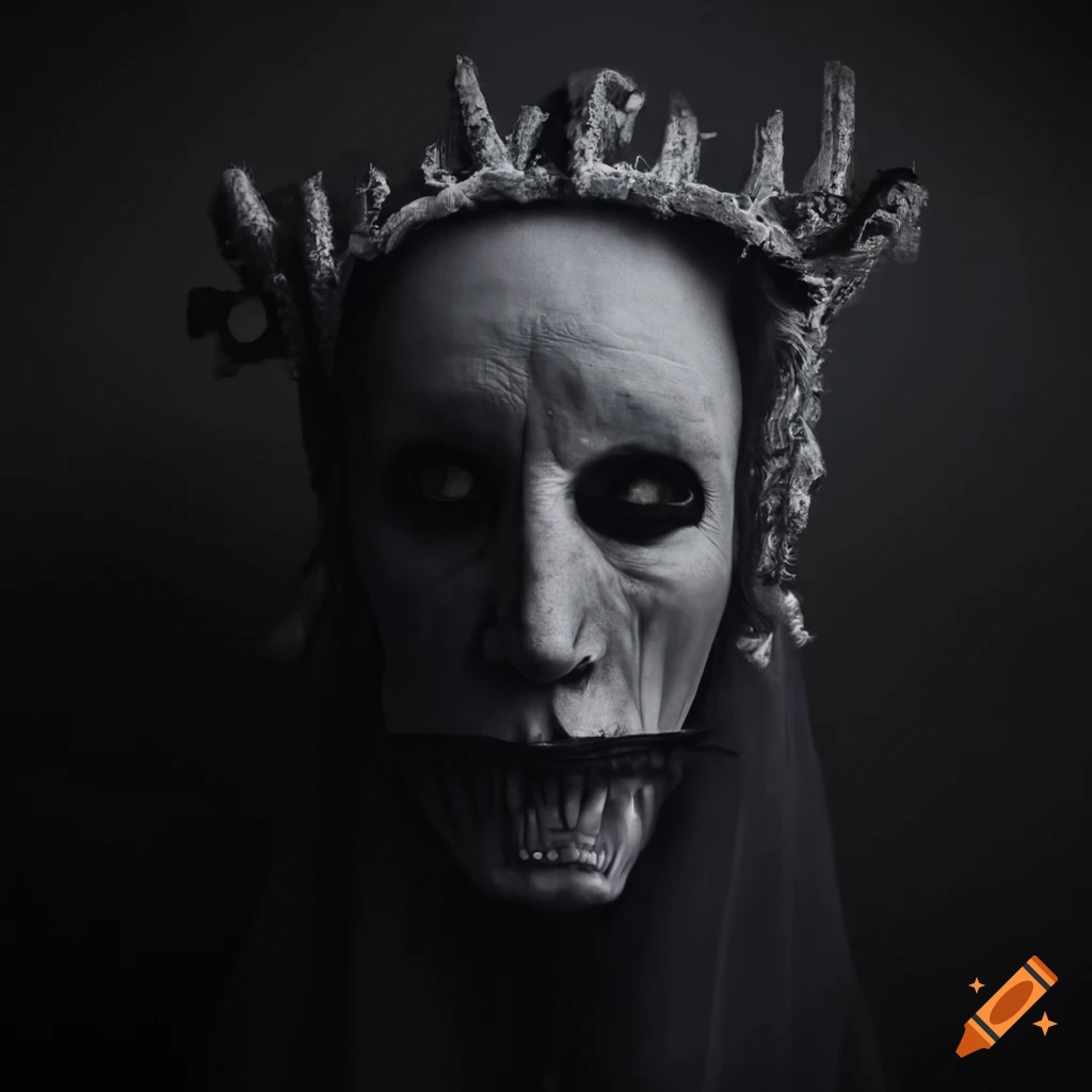 Eerie haunting portrait of person in nordic folklore mask in a ghostly ...