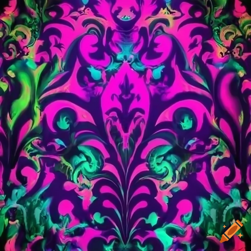 Vibrant fluorescent art movie damask design on Craiyon