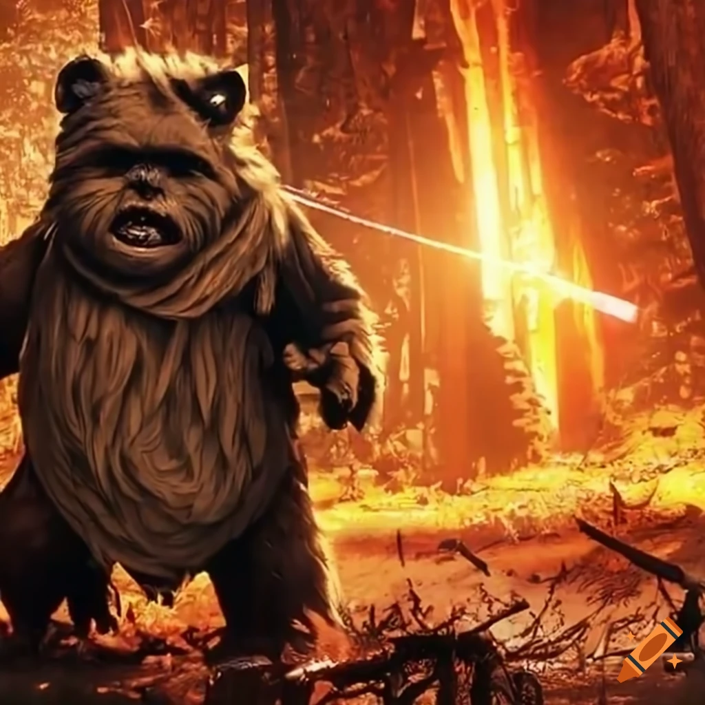 Intense battle scene of ewoks firing lasers in a forest on Craiyon