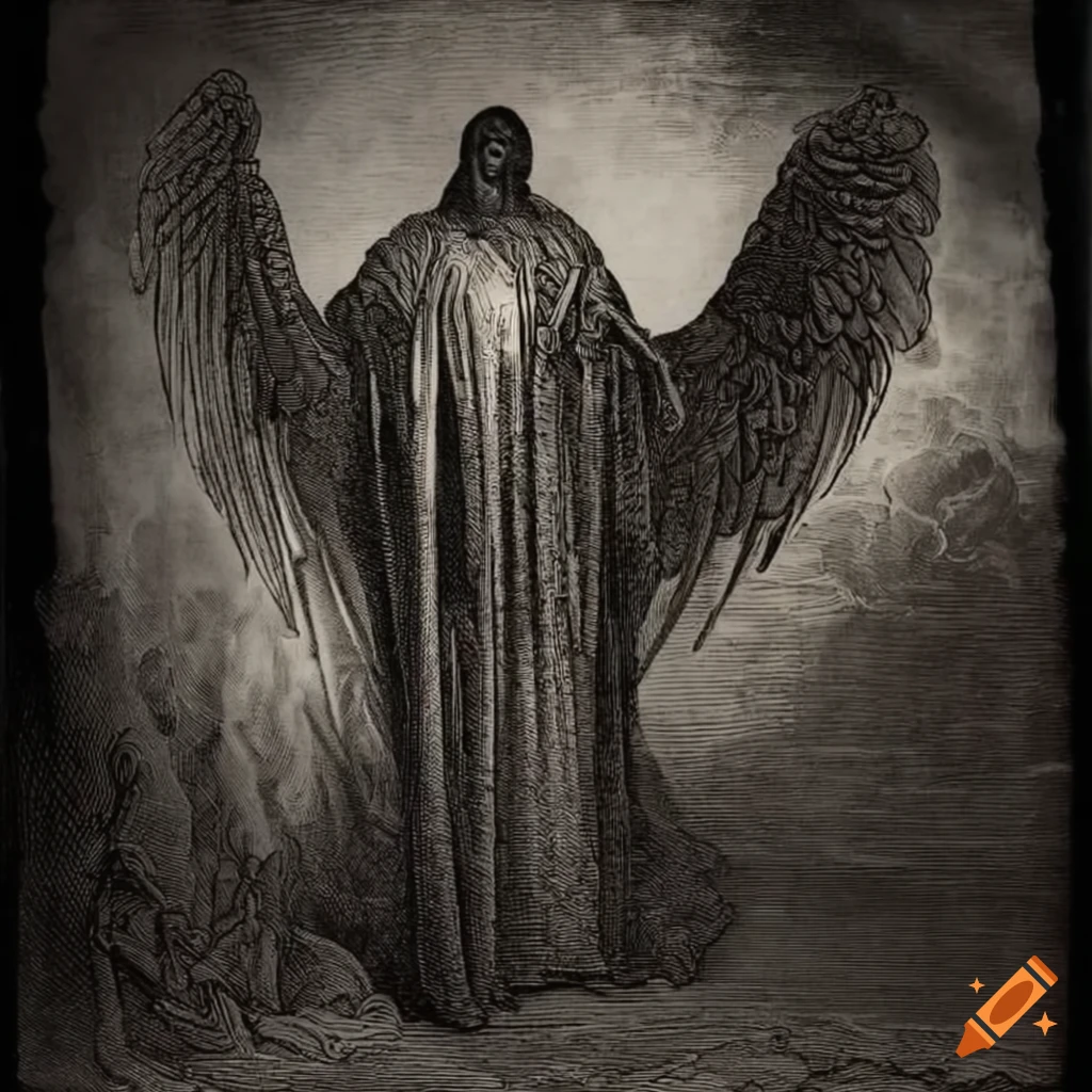 Dark and scary depiction of biblical angel in gustave dore style on Craiyon
