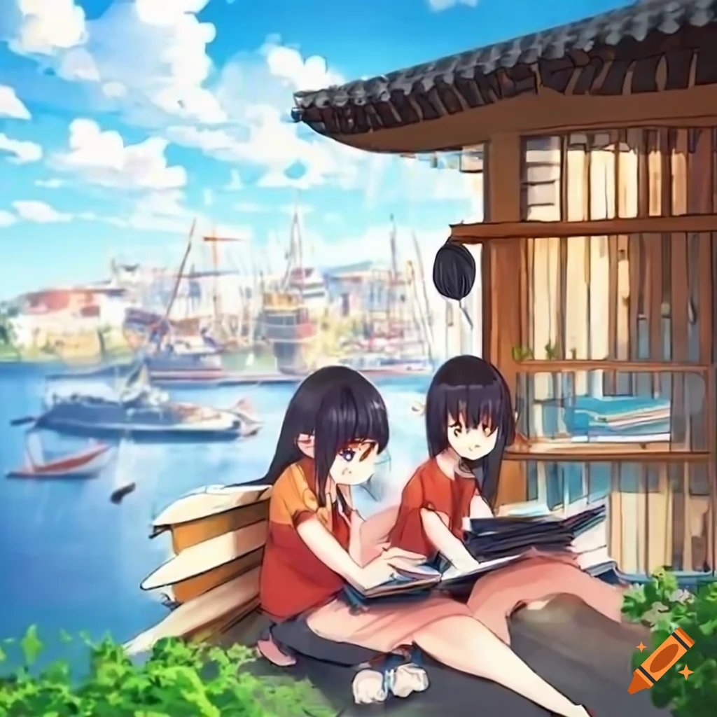 Anime girls studying surrounded by books at a flowering terrace with ...