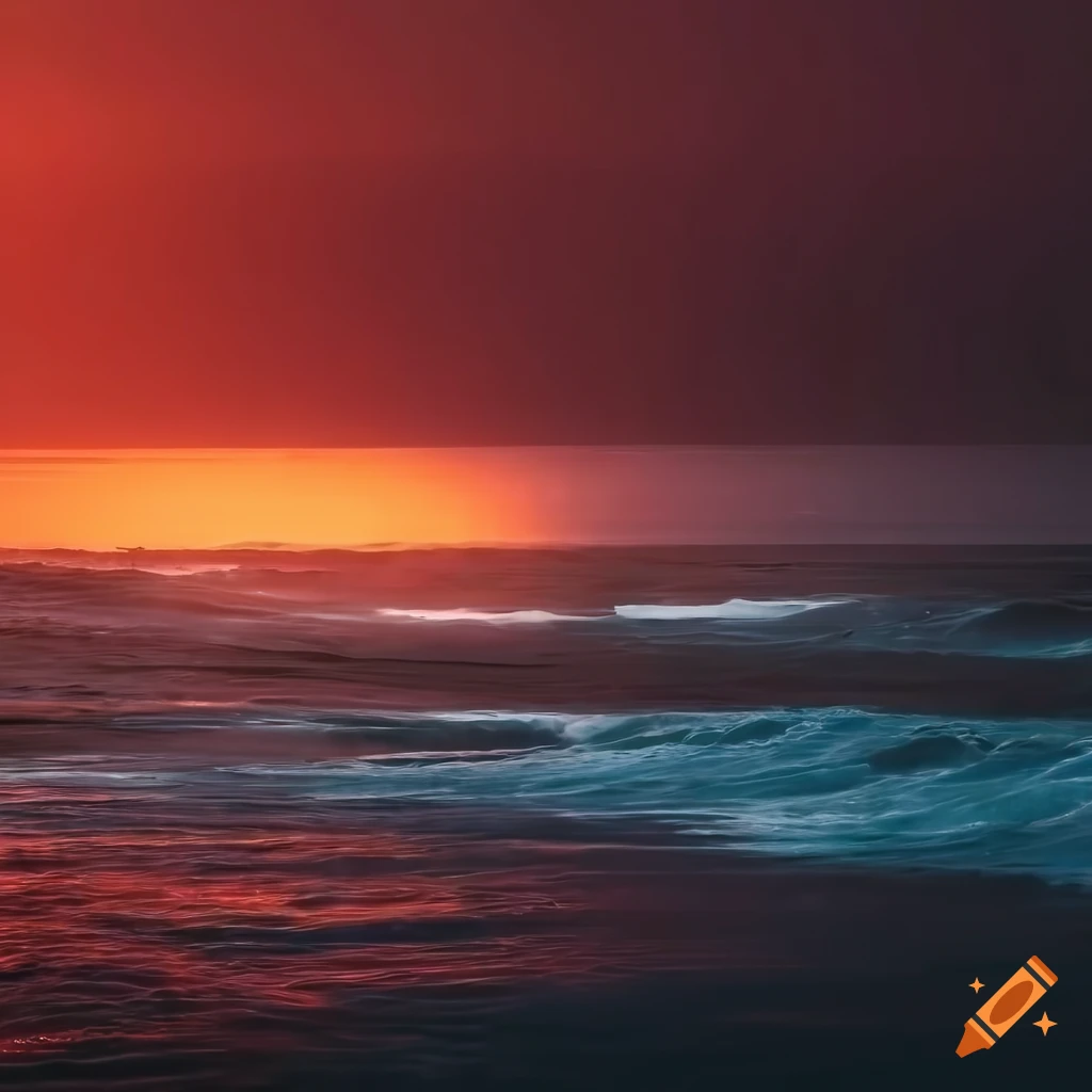 Group of surfers riding waves in a dramatic red ocean under a stormy ...