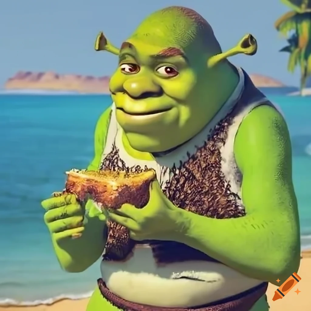 Shrek enjoying a grilled cheese sandwich at the beach on Craiyon