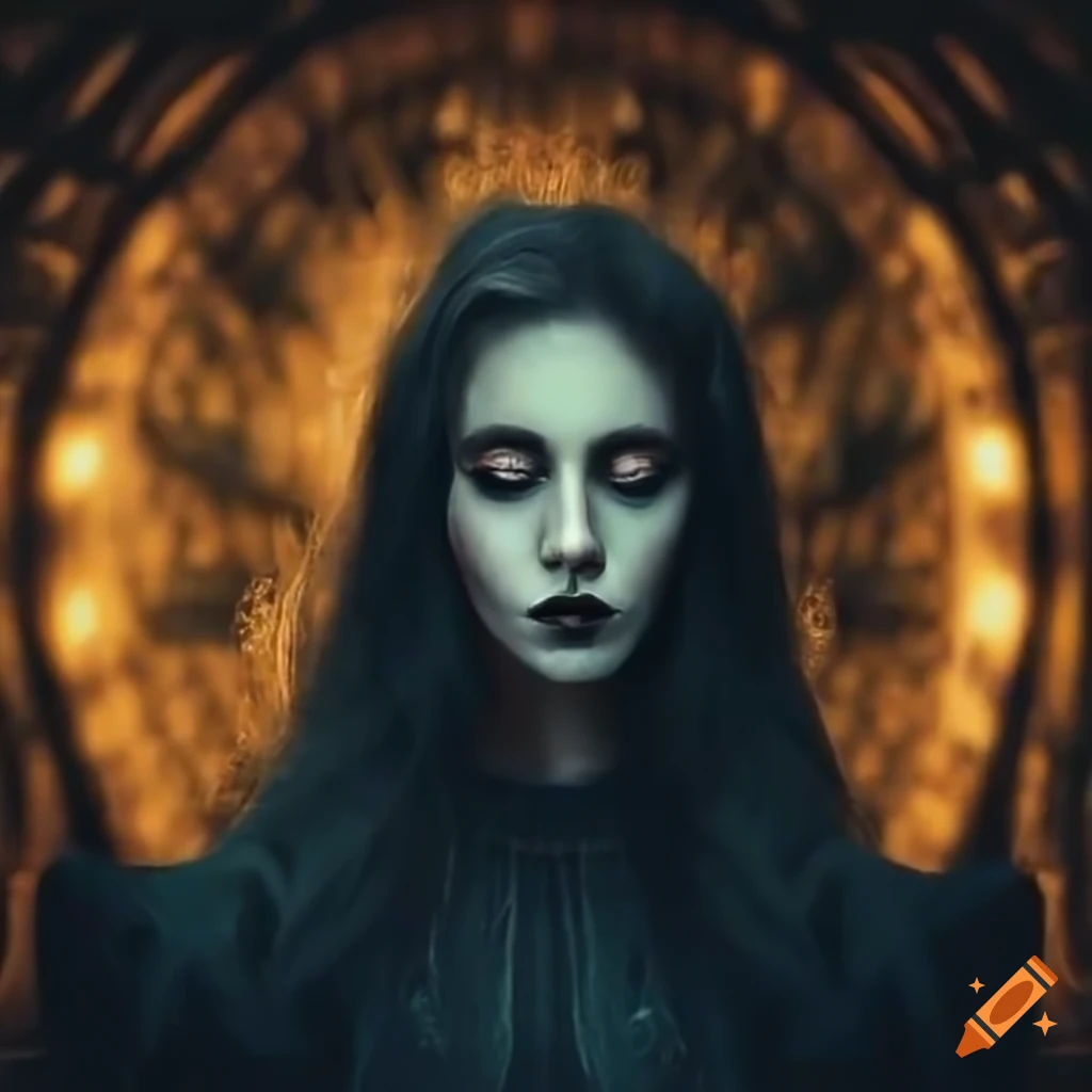 Mysterious woman with glowing golden eyes in hogwarts hallway at night on Craiyon