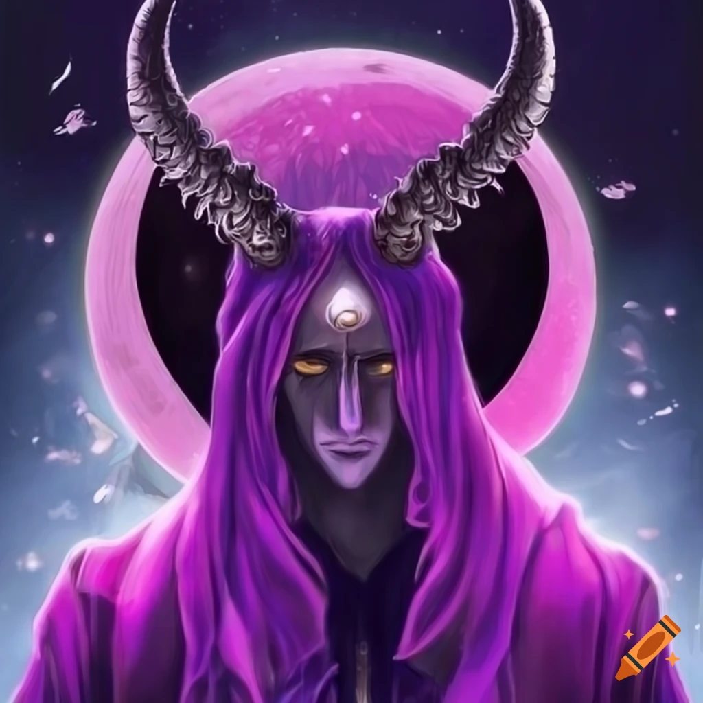 Moon god with purple robe, silver eyes, and black horns on Craiyon