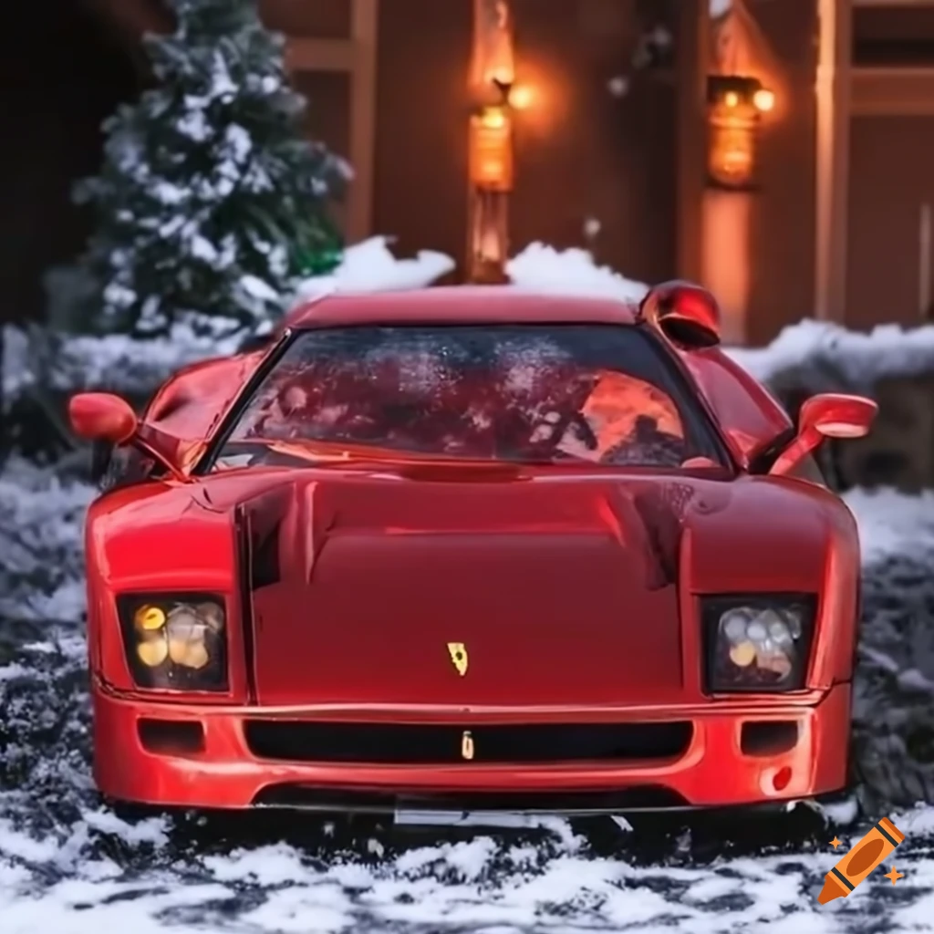 Red ferrari f40 in snowy outdoor christmas setting on Craiyon