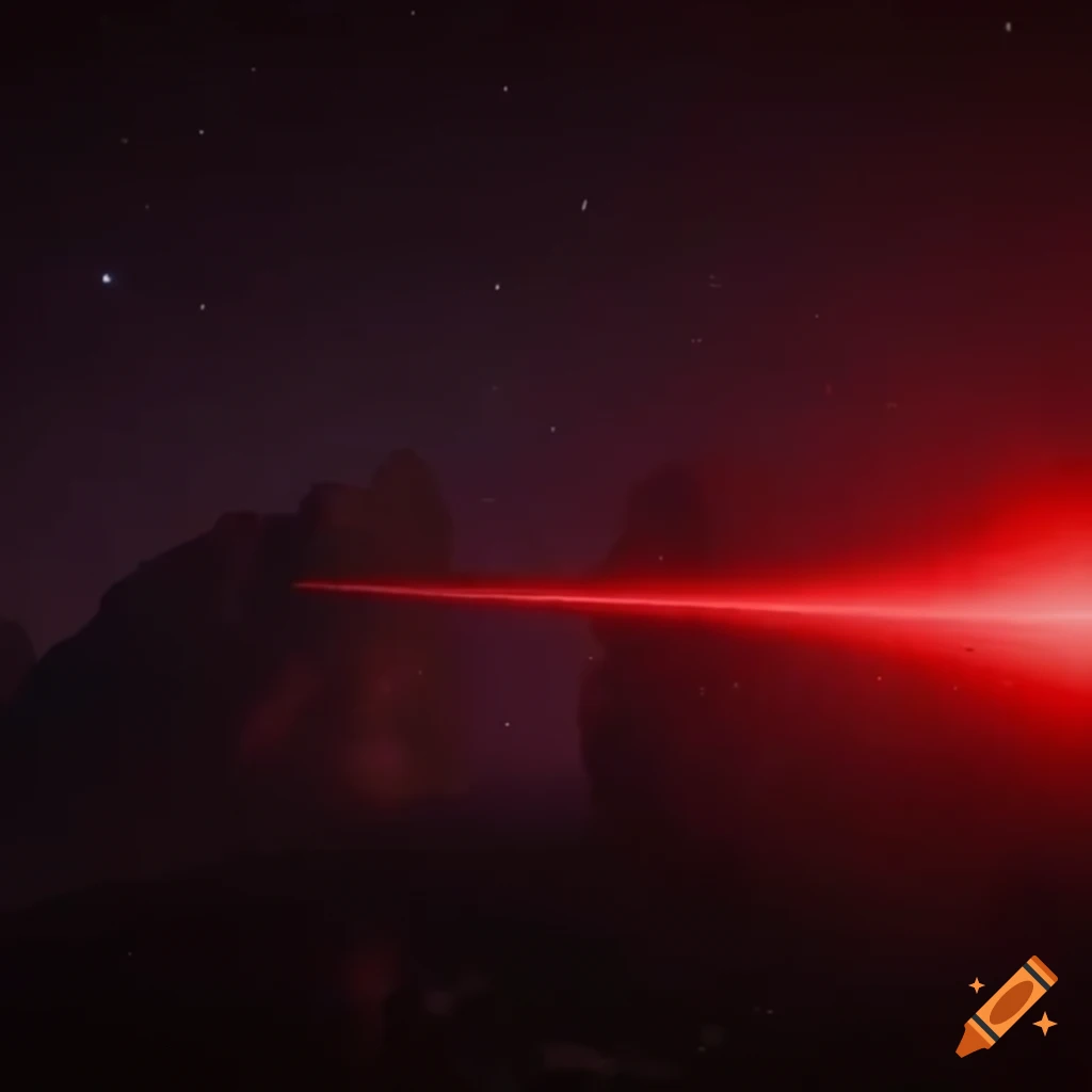 Red-white laser magic projectile flying over grass under the night sky ...