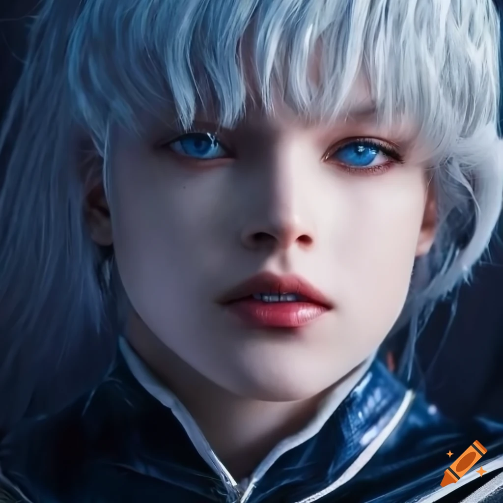 Portrait of Griffith with white hair and blue eyes in photorealistic ...