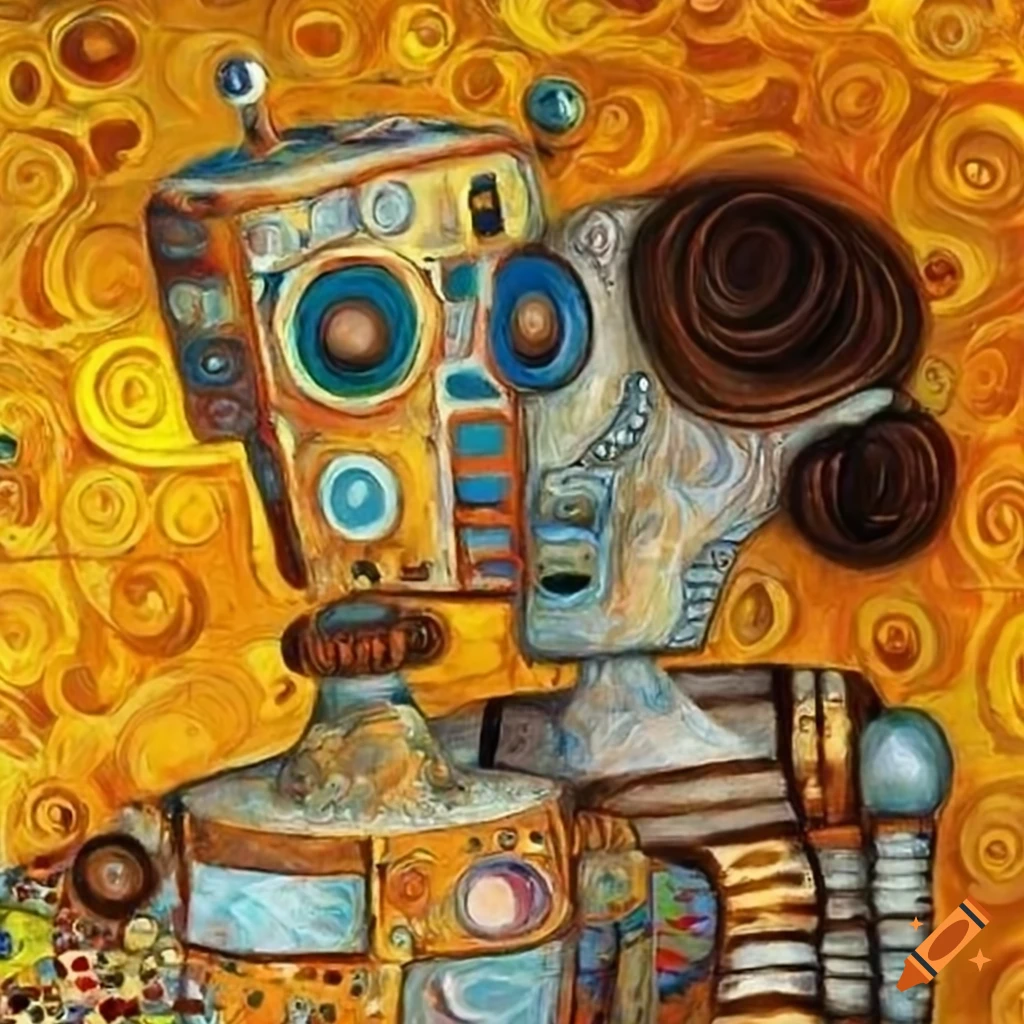 Rusty robots kissing in a detailed painting by klimt on Craiyon