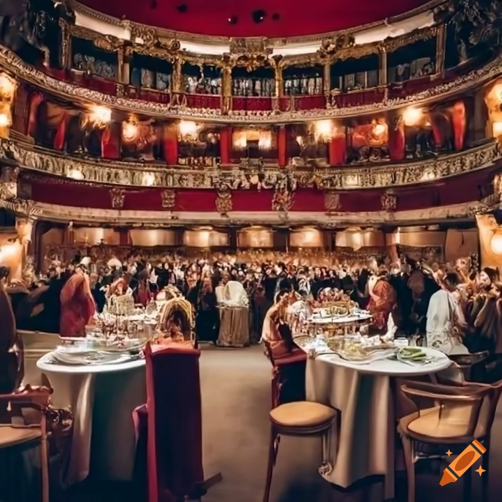 Grand theatre with a lively audience and dining table on stage on Craiyon