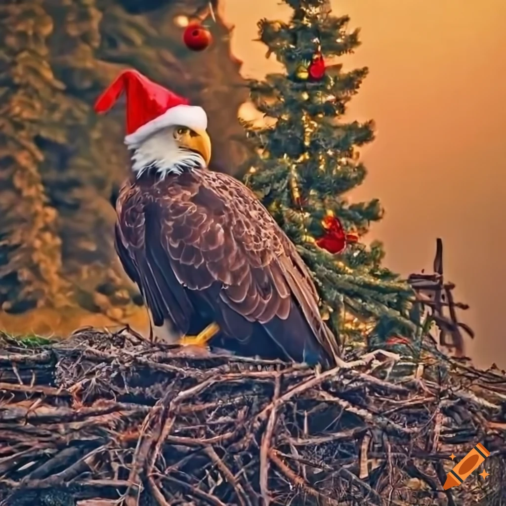 Bald eagle with santa hat in a nest by the lake at sunset on Craiyon