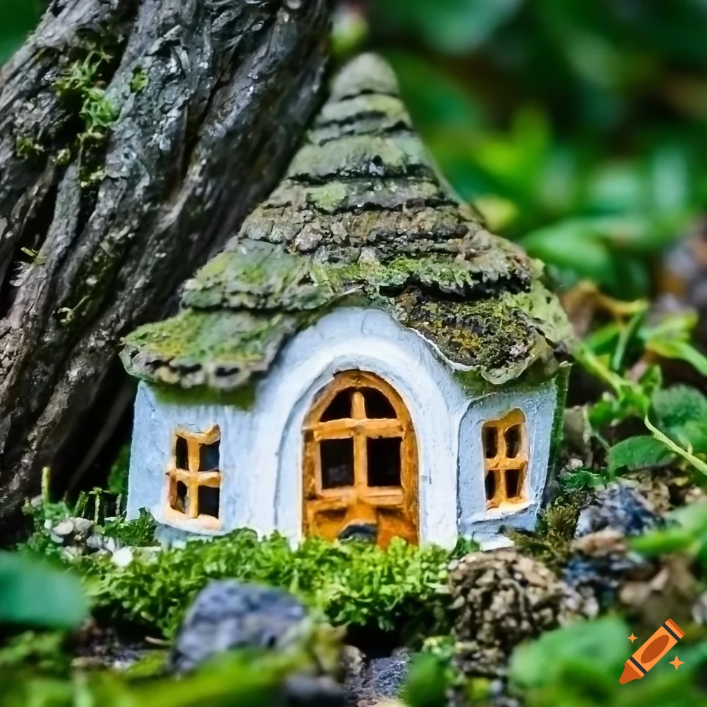 Miniature fairy house with illuminated windows under a plant in high ...